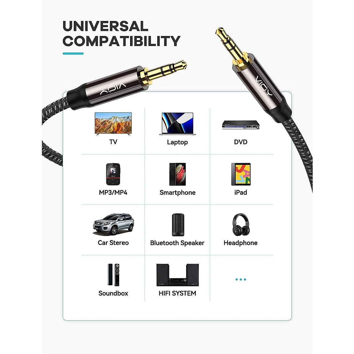 VIOY Aux Cable (6ft), [Copper Shell, Hi-Fi Sound] 3.5mm Male to Male Braided Auxiliary Cord Compatible with Headphone, Smartphone, Home/Car Stereo, Speaker, Echo & More………