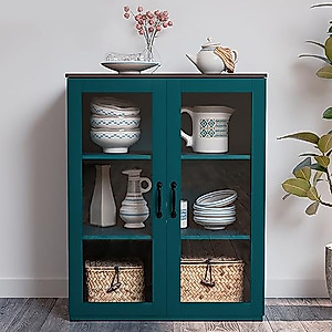 Vrullu Storage Cabinet, Teal Free Standing Buffet Cabinet, Accent Kitchen Cabinet with Tempered Glass Doors, Wood Display Cabinet with Adjustable Shelf for Living Room, Dining Room, Hallway (1, Green)