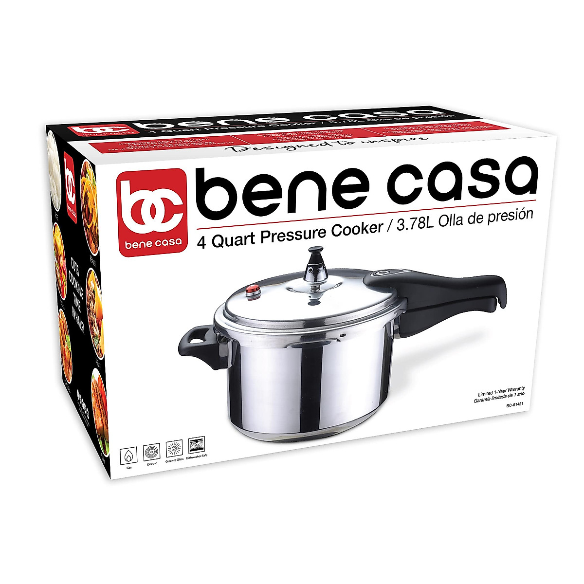 Bene Casa - Aluminum Pressure Cooker (4 Quart) - Includes Pressure Alarm and a Sure-locking Lid System - Dishwasher Safe
