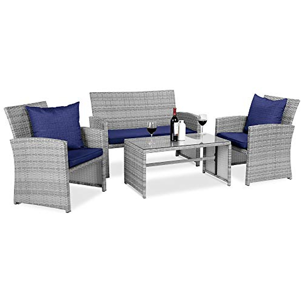 Best Choice Products 4-Piece Outdoor Wicker Patio Conversation Furniture Set for Backyard, Deck, Poolside w/Coffee Table, Seat Cushions - Gray Wicker/Navy Cushions