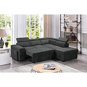 Lilola Home Henrik Dark Gray Sleeper Sectional Sofa with Storage Ottoman and 2 Stools