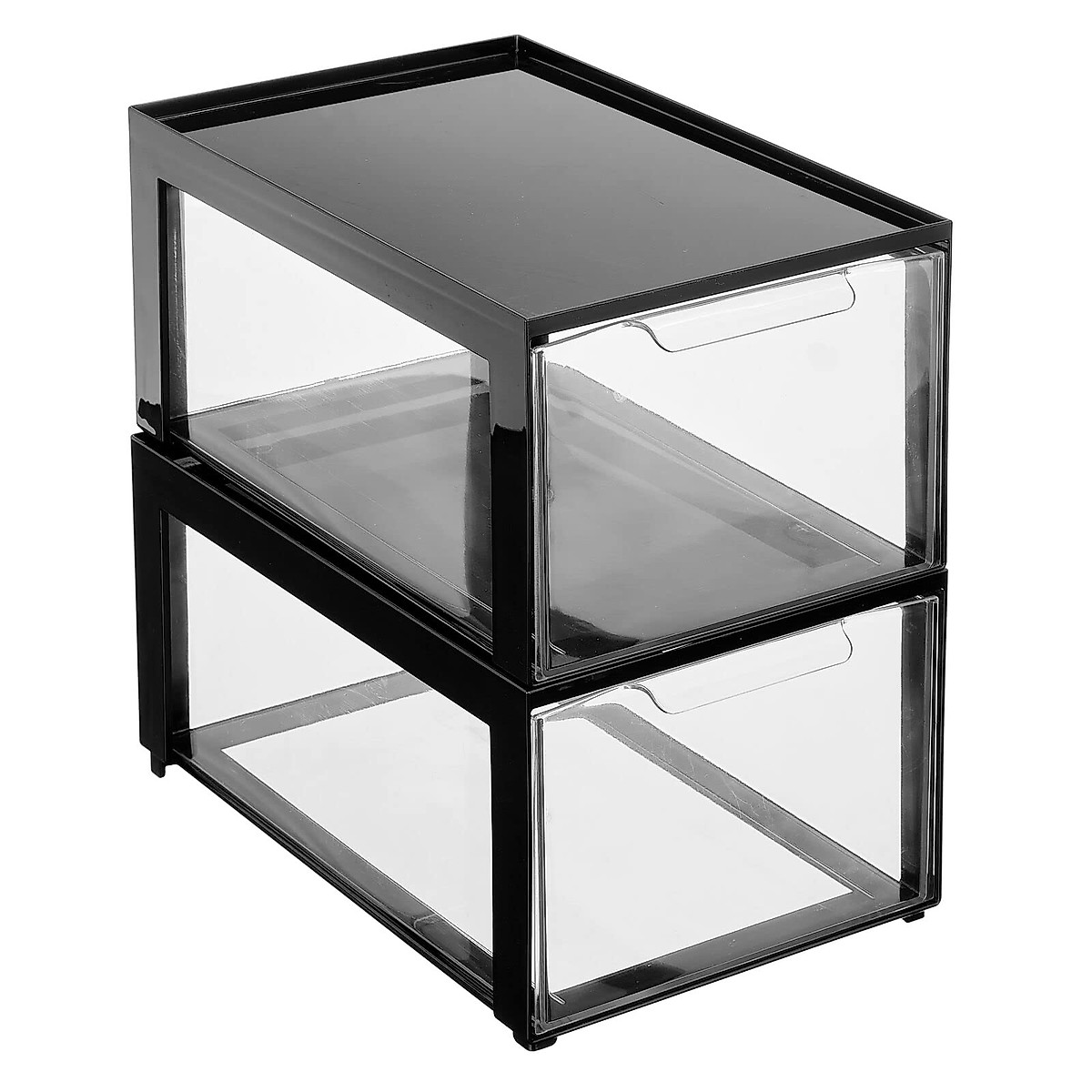mDesign Plastic Stackable Office Storage Organizer Bin with Pull Out Drawer for Cabinet, Desk, Shelf, Cupboard, Cabinet, or Closet Organization - Lumiere Collection - 2 Pack - Black/Clear