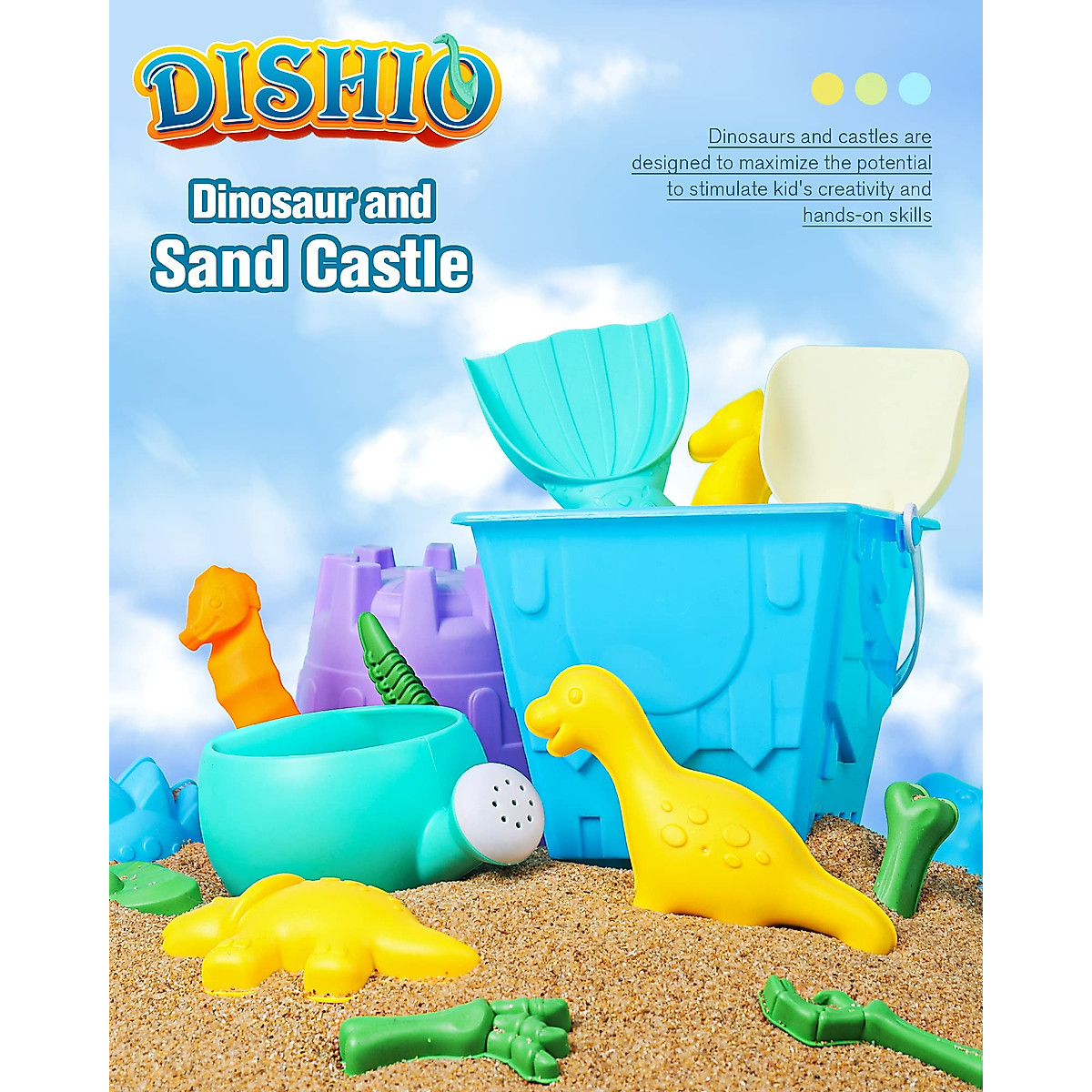 DISHIO Beach Sand Toys for Kids Sand Box Beach Toys with Mesh Bag,Sand Castle Bucket and Shovel,Sand Molds,Waterig Can, Sieve, Dinosaur Beach Toys Kit for Kids&Toddlers Outdoor Travel 18pcs