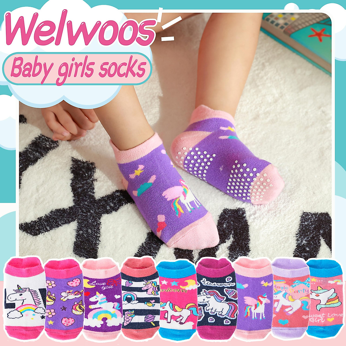 Welwoos Baby Girls Toddlers Grips Socks Kids Non Slip Anti Skid Ankle Unicorn Gift Cotton No Show Socks with Grippers 9 Pairs (Rainbow Unicorn, 3-5 Y)