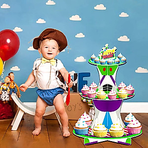 2 Set 3-Tier Story Cupcake Stand Cartoon Story Birthday Party Supplies Cartoon Cupcake Holder Cardboard Cupcake Dessert Tower Story Baby Shower Party Decorations Favors for Kids