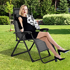 Outdoor Oversized Zero Gravity Chair, XL Adjustable Patio Lounge Recliner Chair with Lumbar Support and Pillow, Folding Recliner for Backyard, Beach, Lawn Pool Deck Camping with Cup Holder, Black