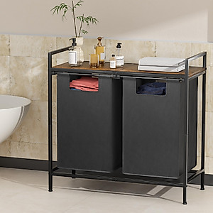 Laundry Basket Organizer - Laundry Hamper, Laundry Sorter with 2 Pull-Out and Removable Bags, Dirty Clothes Hamper Organizer for Laundry Room Bathroom and Dorm, 2 x 12.1 Gallons (46L) Brown and Black