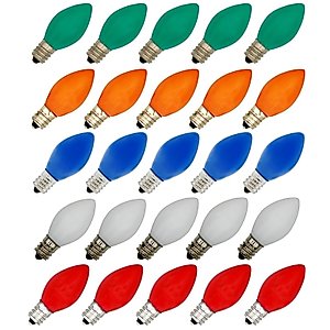 25-Pack C7 Multicolor 7-Watt Christmas Light Bulbs, Ceramic Base, Extended Life