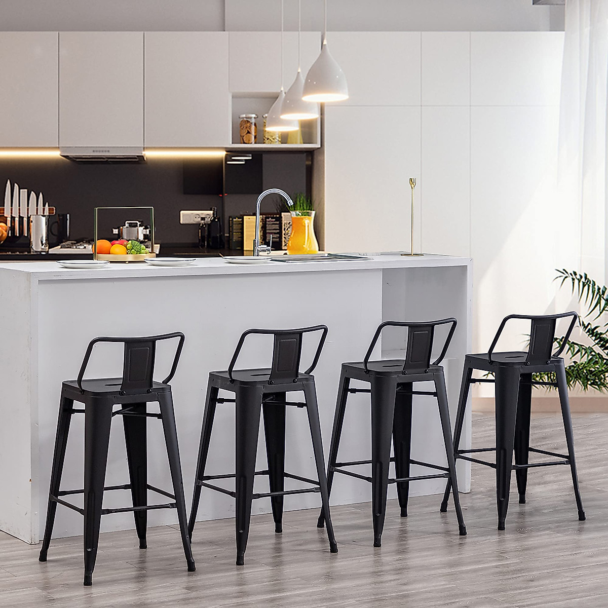 Apeaka 24 inch Metal Bar Stools Set of 4 Modern Counter Height Stools with Backs Industrial Low Back Bar Chairs for Indoor Outdoor Matte Black