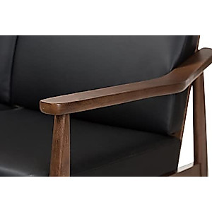 Baxton Studio Venza Mid-Century Modern Walnut Wood Black Faux Leather 3-Seater Sofa