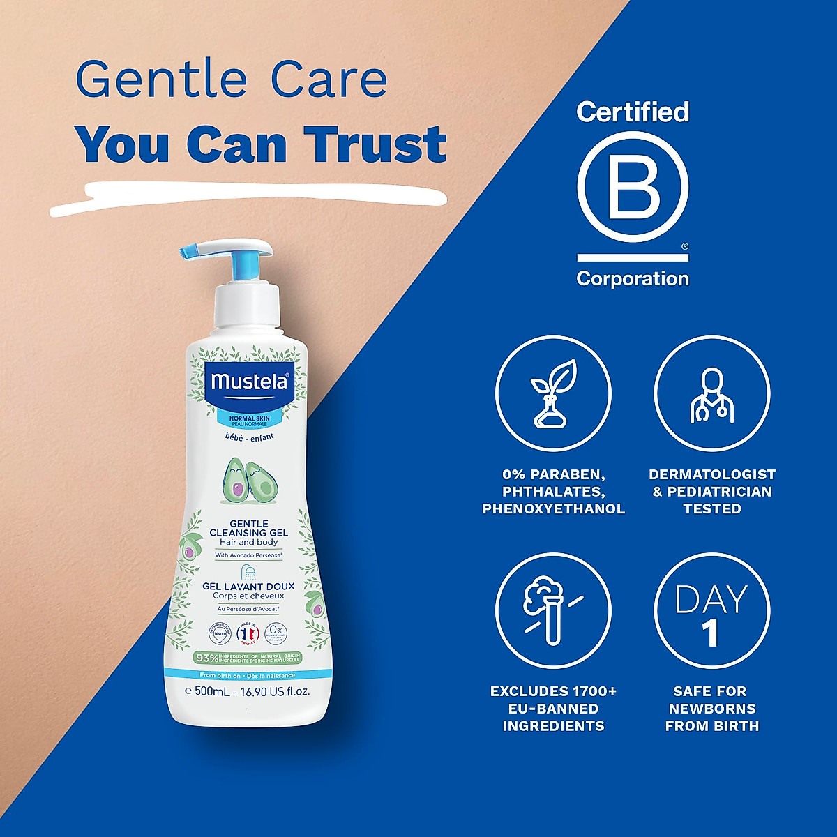 Mustela Baby Gentle Cleansing Gel - Baby Hair & Body Wash - with Natural Avocado fortified with Vitamin B5 - Biodegradable Formula & Tear-Free â€“ 25.35 fl. oz. (Pack of 1)