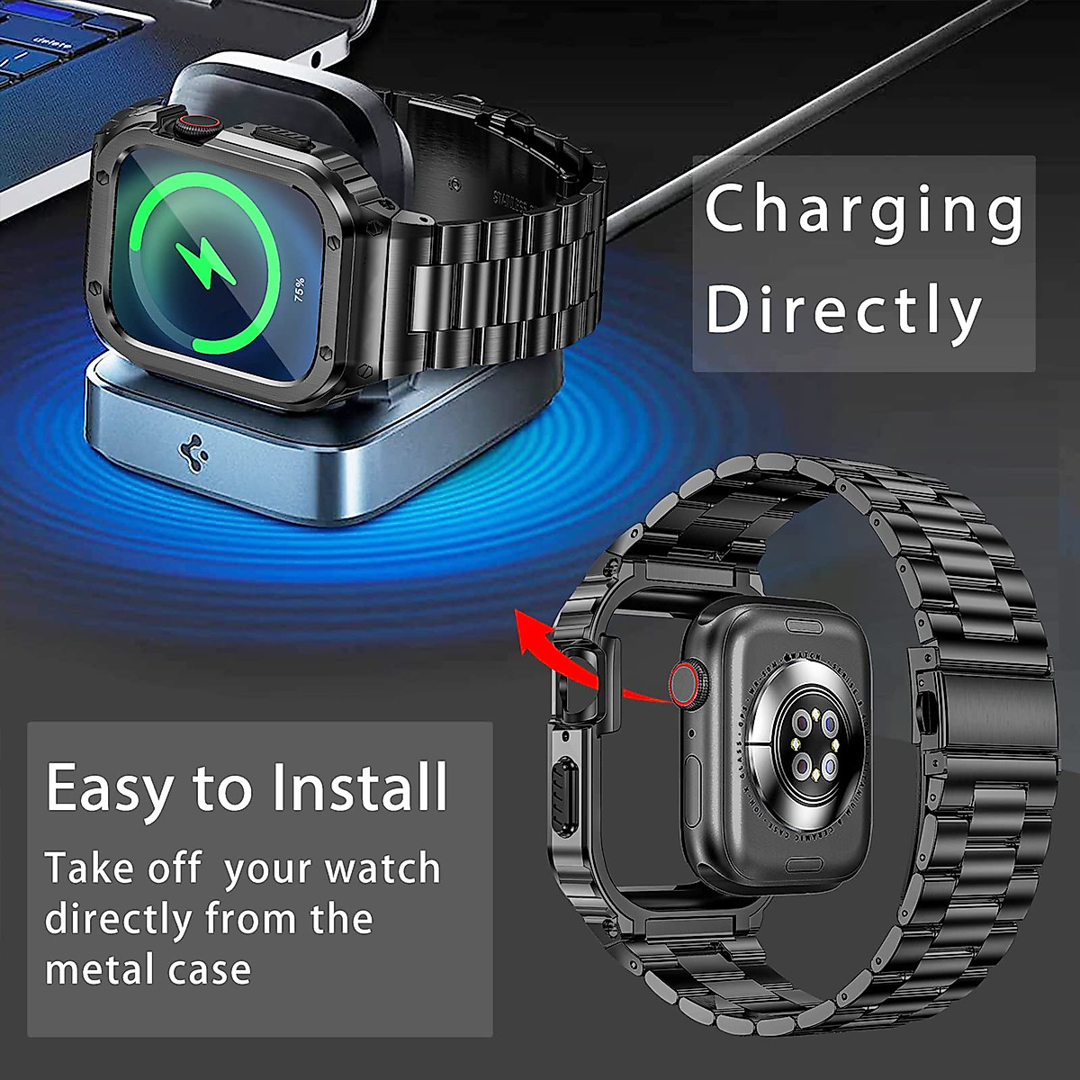 MioHHR Stainless Steel Band and Case Compatible with Apple Watch Band 45mm, Men Metal Protective Bumper Cover for iWatch Series 9/8/7, Black