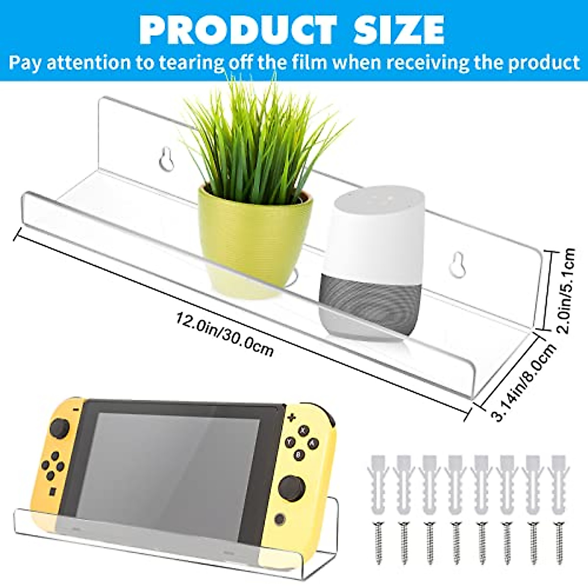 Tuanse 8 Pack Acrylic Floating Shelves 12 Inch Floating Wall Mounted Shelves Clear Invisible Wall Ledge Shelf Acrylic Bookshelf Display Shelves for Room Home Bathroom