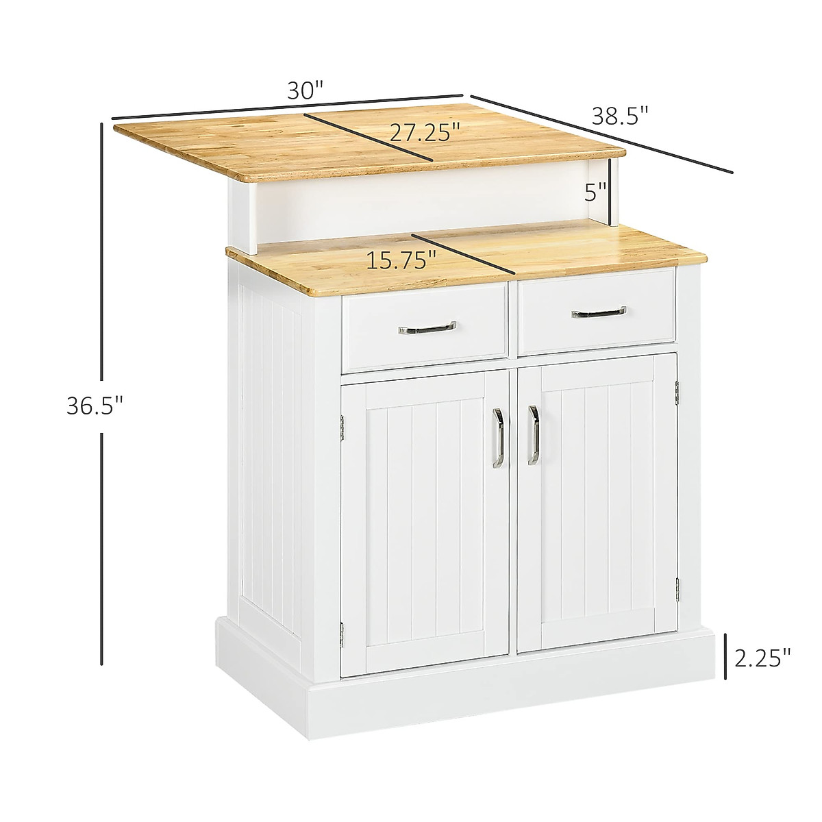 HOMCOM Kitchen Island with Storage Cabinet and 2-Level Rubber Wood Tabletop, Island Table with Adjustable Shelves and Drawers, White