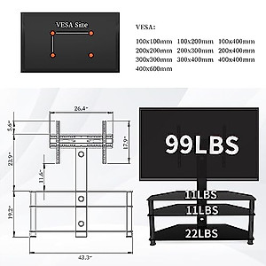 TV Floor Stand with Three Media Pallet Universal TV Stand Height Adjustment Visual Angle Rotation TV Mount Fit 32 inch to 70 inch TV Black Tempered Glass