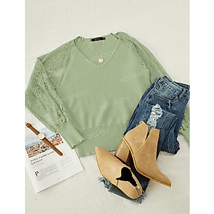 MEROKEETY 2024 Long Sleeve V Neck Lace Sweaters for Women Casual Ribbed Knit Pullover Tops Green