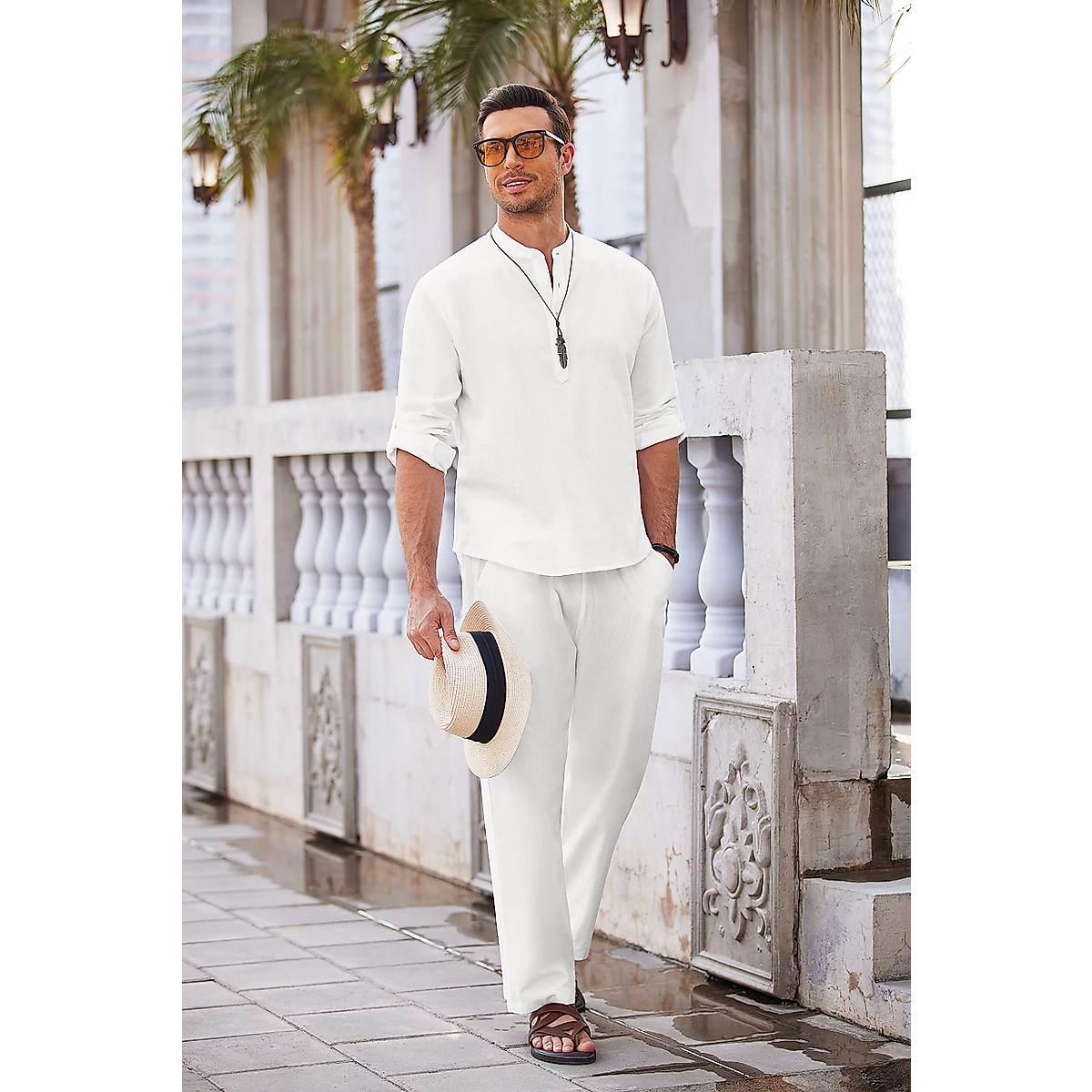 COOFANDY Men's 2 Pieces Cotton Linen Set Long Sleeve Henley Shirts Casual Beach Pants With Pockets Summer Yoga Outfits