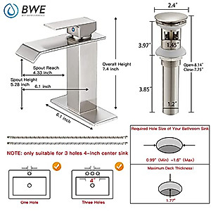 BWE Waterfall Bathroom Faucet Brushed Nickel with Pop Up Drain Stopper Overflow Assembly and Supply Hose Single Handle for Sink 1 Hole Bathroom Sink Faucet Parts Spout Bath Lavatory Vanity