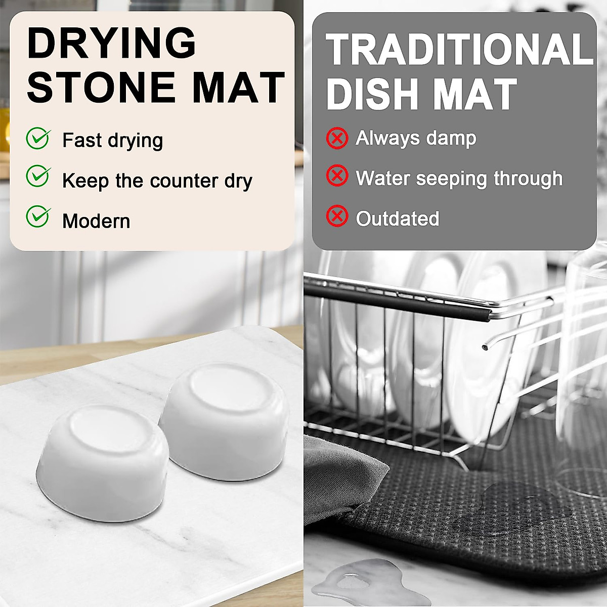 Stone Dish Drying Mat for Kitchen Counter, Quick Dry, Super Absorbent Dish Drying Mat, Eco-Friendly Diatomaceous Earth Mat for Dishes Bottles Cups(16x12 Inch, White Marble)