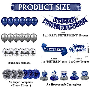 Roetyce Retirement Party Decorations for Men Women, 32PCS Blue Silver Happy Retirement Banner Balloons Honeycomb Cake Topper Pompoms Kit, Blue Retired Sash for Coworker, Office Retirement Supplies