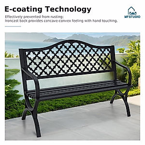 MFSTUDIO 50" Black Outdoor Metal Garden Bench with Arch Legs, Cast Iron Frame Patio Furniture with E-Coating, Perfect for Porch and Yard