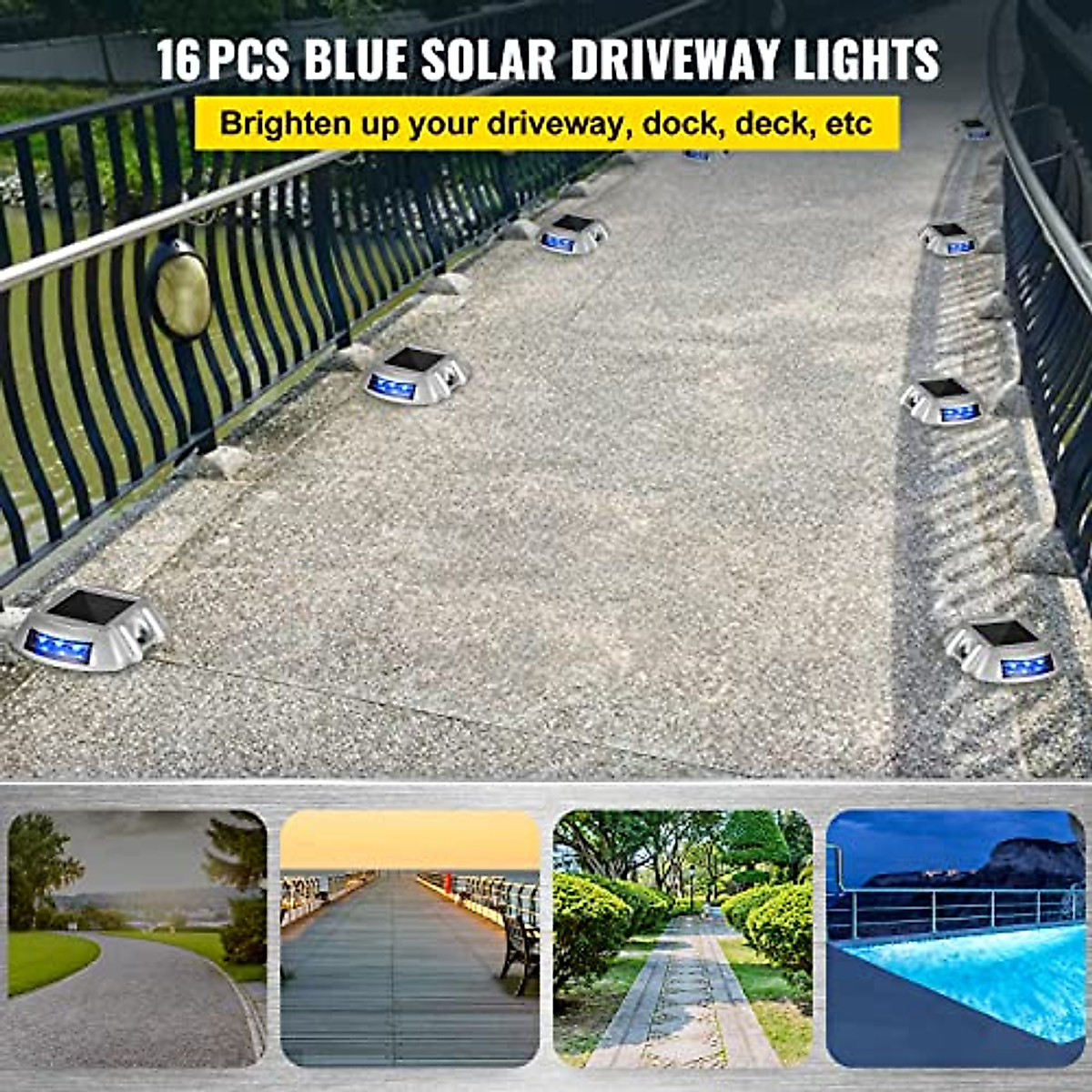 VEVOR Driveway Lights 16-Pack, Solar Driveway Lights with Switch Button, Solar Deck Lights Waterproof, Wireless Dock Lights 6 LEDs for Path Warning Garden Walkway Sidewalk Steps, LED Bright Blue
