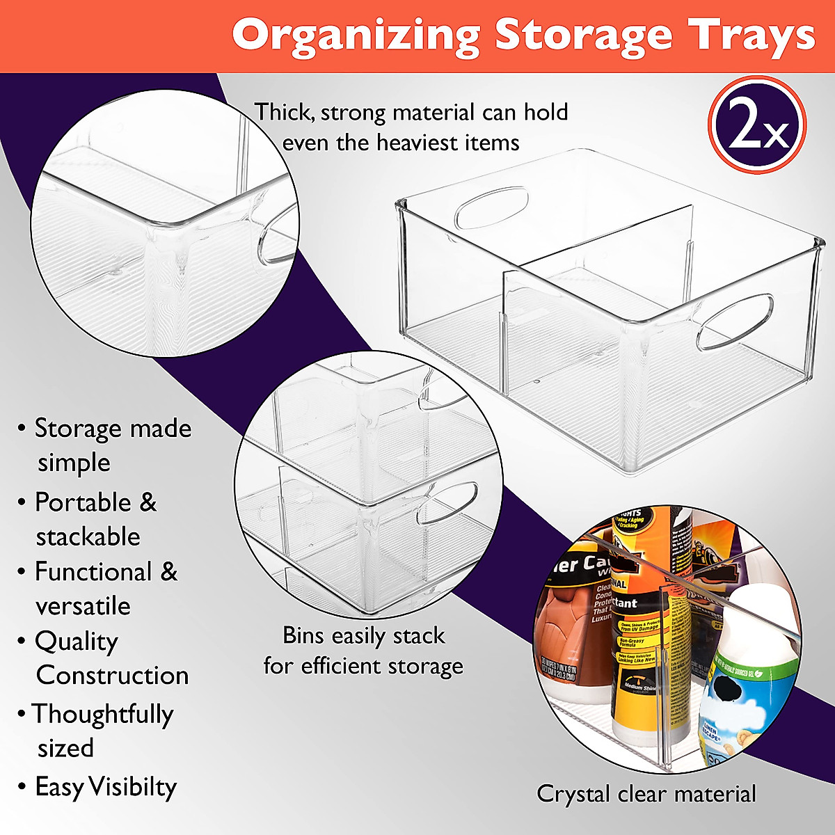 ClearSpace All-Purpose Bins with Divider XL(13.5x10x6) – Perfect Kitchen Organization or Pantry Storage – Fridge Organizer, Pantry Organization and Storage Bins, Cabinet Organizers