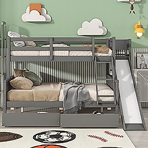 GLORHOME Twin Over Full Bunk Bed,Wooden Bunk Bed, Bunk Bed with Drawers,Slide,Grey
