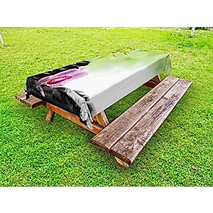 Lunarable Asian Outdoor Tablecloth, Basalt Stone and Orchid Flower with Dew Harmony Therapeutic Spa Theme Photo, Decorative Washable Picnic Table Cloth, 58" X 104", Green Black Pink