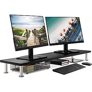 Dual Monitor Stand for 2 Monitors, Large Monitor Riser Made with Solid Bamboo, Perfect Desk Shelf Organizer for Desktop, 42 Inch Wood Platform for Computer Screens, Laptop or TV, Black