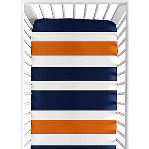 Sweet Jojo Designs Fitted Crib Sheet for Modern Navy Blue and Orange Stripe Baby/Toddler Bedding - Stripe Print