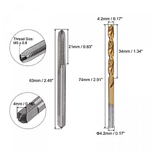 uxcell M5 x 0.8 Straight Flute Thread Tap and 4.2mm Twist Drill Bit Set, Metric Titanium Plated 6542 High Speed Steel Machine Screw Thread Tap Threading Drilling Tool
