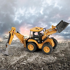 Gemini&Genius Backhoe Loader Toy for Kids- Loader with Changeable Front Loader and Backhoe Loader Construction Vehicle Toy 1/50 Scale 2 in 1 Digger and Loder Alloy Model Toys Vehicle Gifts for Kids