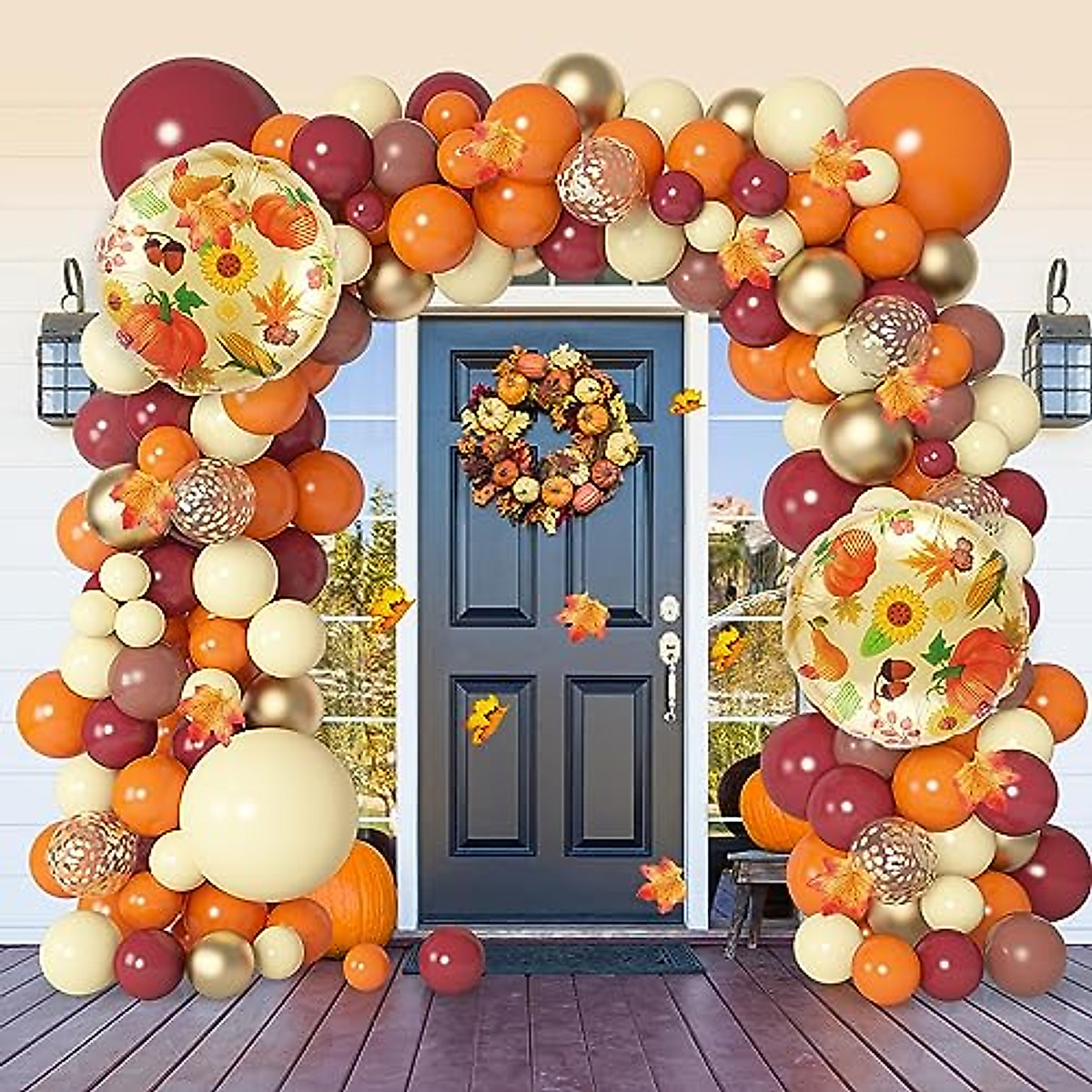 Amandir 180PCS Fall Thanksgiving Balloons Arch Garland Kit, Fall Birthday Party Baby Shower Decorations with Orange Burgundy Brown Gold Balloons Maple Leaves for Little Pumpkin Autumn Party Supplies