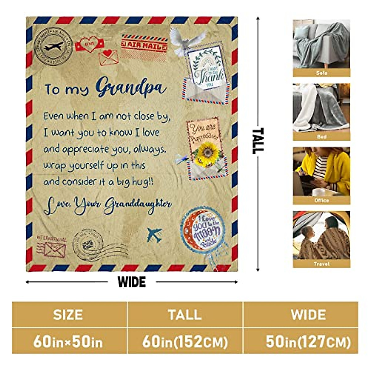 Dfaqehk Grandpa Gifts from Grandchildren, Fathers Day Birthday Gifts for Grandpa, Best Gift for Grandpa from Granddaughter, Unique Grandfather Gift Ideas Throw Blanket 60 x 50 Inch