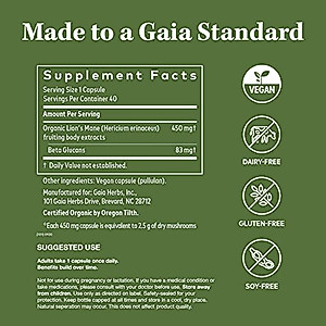 Gaia Herbs Lion’s Mane Mushroom - Brain and Nerve Support Supplement to Help Maintain Neurological Health - with Organic Lion's Mane Mushrooms - 40 Vegan Liquid Phyto-Capsules (40-Day Supply)