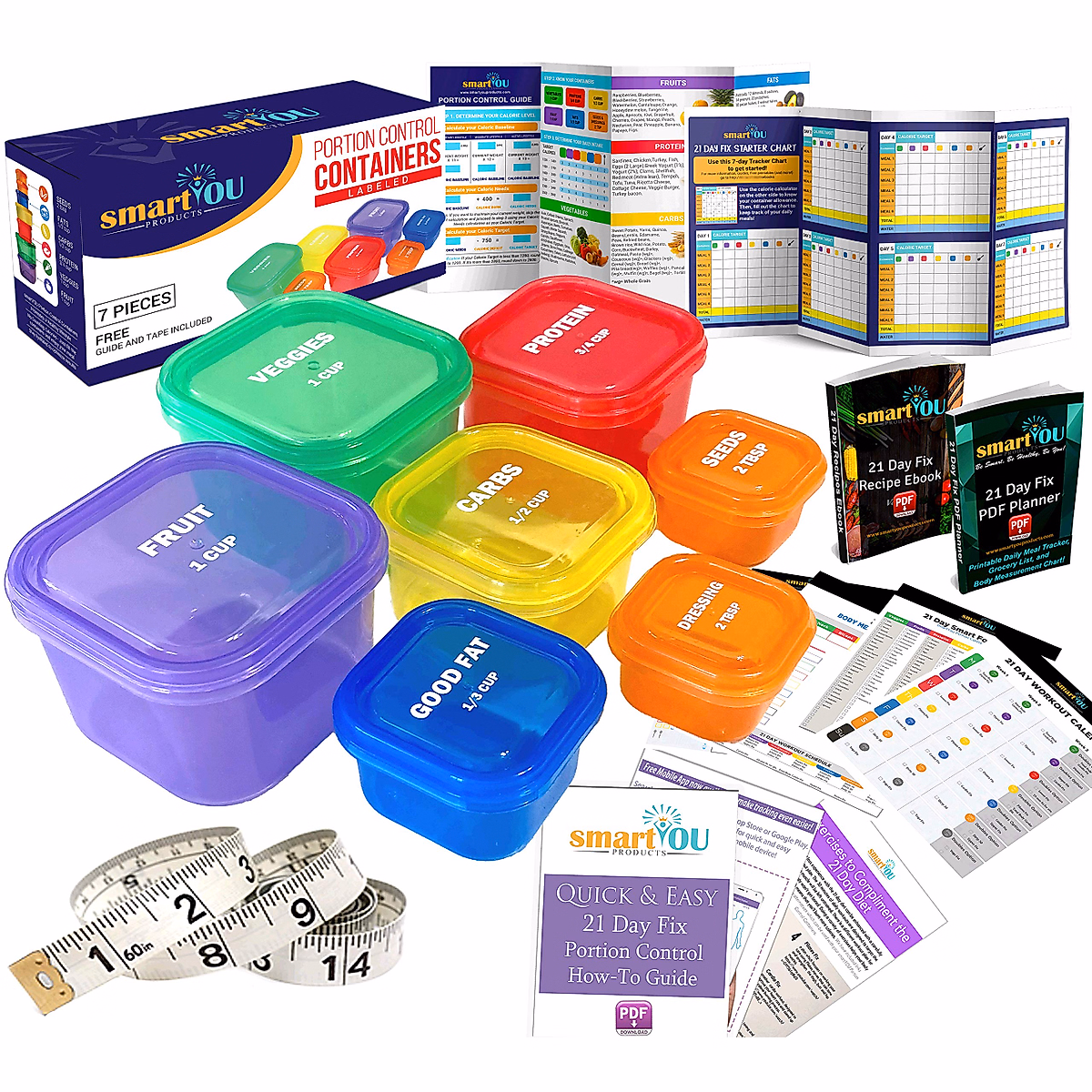 21 Day Portion Control Containers Kit - Nutrition Diet, Multi-Color Coded Weight Loss System. Complete Guide + PDF Planner + Recipe eBook and Tape Measure - BPA Free - 7 PC Labeled