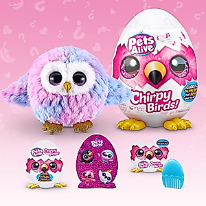 Pets Alive Chirpy Birds (OWL) by ZURU, Electronic Pet That Speaks, Giant Surprise Egg, Stickers, Comb, Fluffy Clay, Bird Animal Plush for Girls