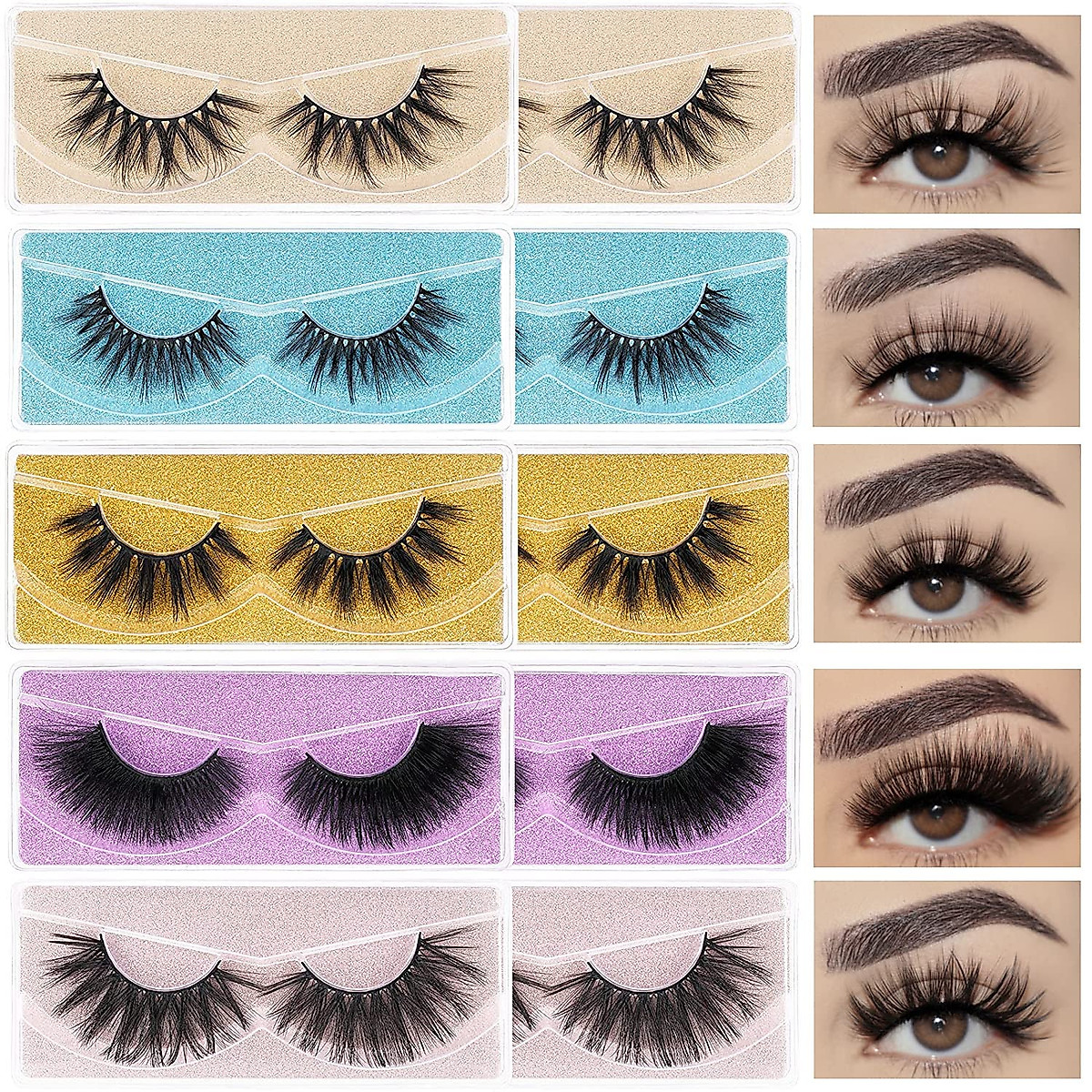 Wholesale Lashes, 3D Faux Mink Eyelash Bulk, 18mm Handmade Reusable Eye Lash, 5 Styles Dramatic Fluffy False Lash with Glitter Portable Packing (5 styles-10 pairs)