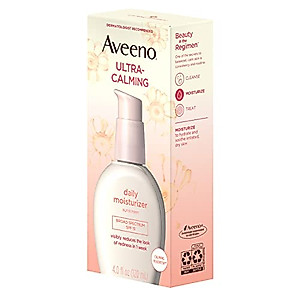 Aveeno Ultra-Calming Daily Facial Moisturizer for Sensitive, Dry Skin with Broad Spectrum SPF 15 Sunscreen, Feverfew & Nourishing Oat, Oil-Free and Hypoallergenic, Basic, Unscented, 4 Fl Oz
