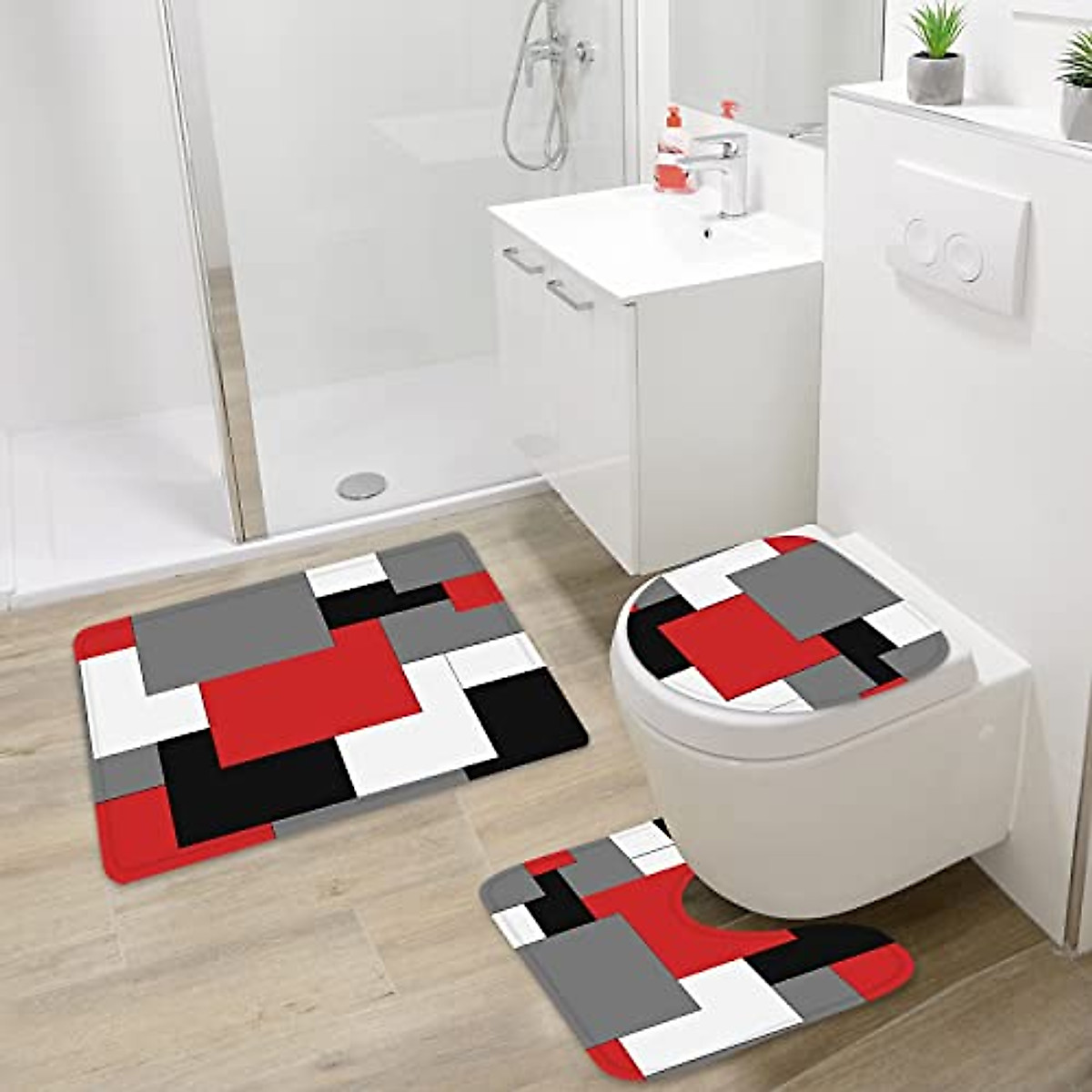 Gibelle 4 Pcs Geometric Red Shower Curtain Set with Non-Slip Rugs, Toilet Lid Cover and Bath Mat, Black Grey Modern Bathroom Decor Set with Shower Curtain and Rugs and Accessories