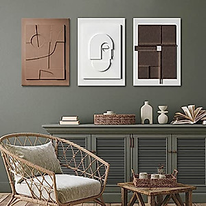 3 Pieces Brown White Geometric Abstract Minimalist Wall Art Canvas Nordic Home Decor Luxury Modern Simple Line Art Canvas Print Picture Bedroom Office Living Room Framed Size: 16 "24" 3
