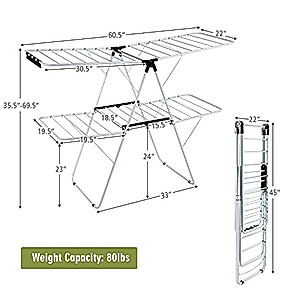 Nightcore 2-Layer Clothes Drying Rack, Aluminum Drying Rack with Adjustable Height, No Assembly Need, Compact Foldaway Gullwing Laundry Rack for Indoor Outdoor