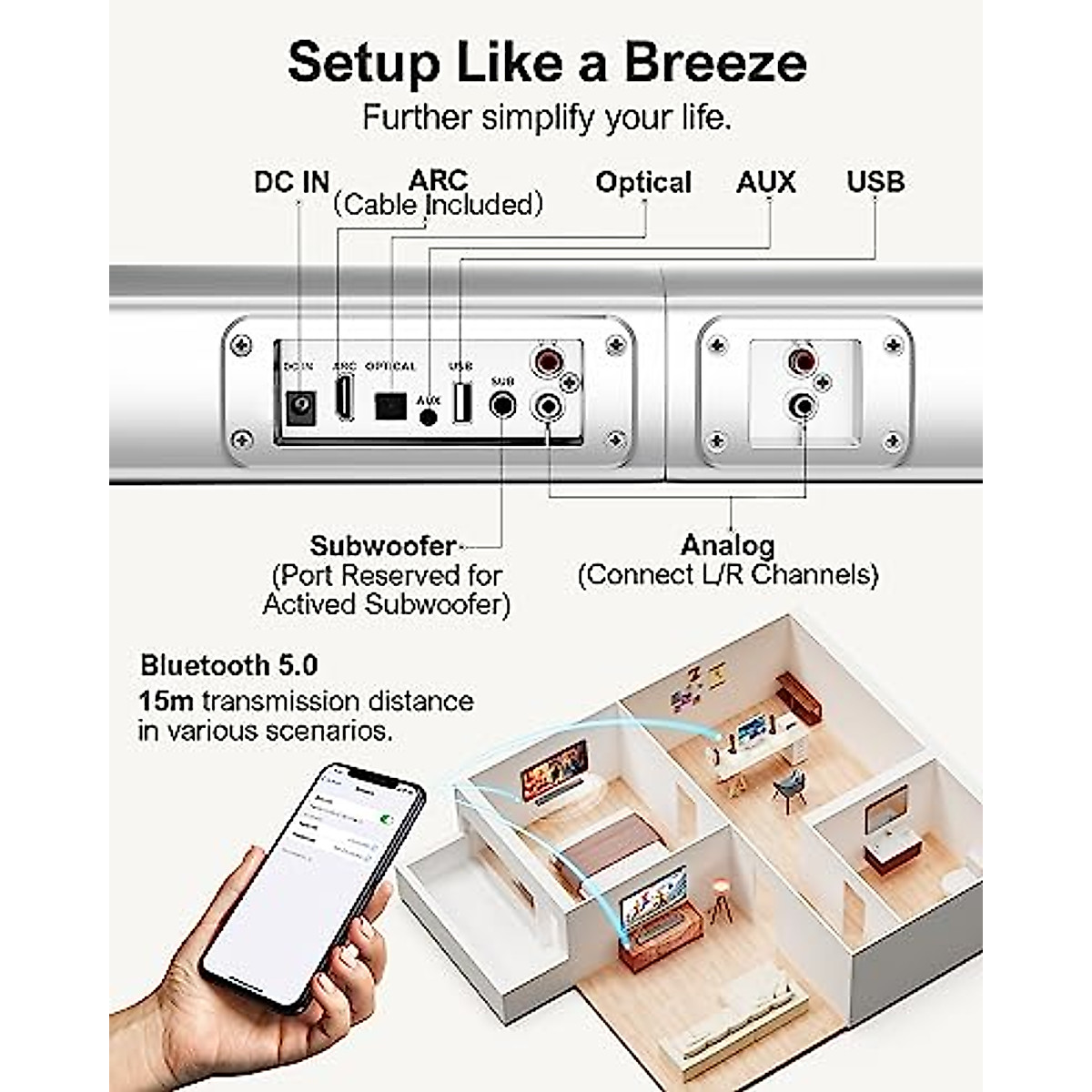 ULTIMEA 2.2ch Sound Bars for TV, 2 in 1 Separable Speakers Design Soundbar for TV, Built-in 4 Speaker, Bluetooth 5.0 TV Sound Bar, ARC/Optical/Aux Home Theater Speakers, Wall Mount