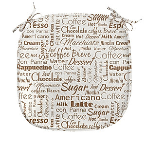 Ambesonne Modern Chair Seating Cushion Set of 4, Coffee Themed Words Macchiato Mocha Americano Breve Dessert Graphic, Anti-Slip Seat Padding for Kitchen & Patio, 16"x16", Umber and Cream