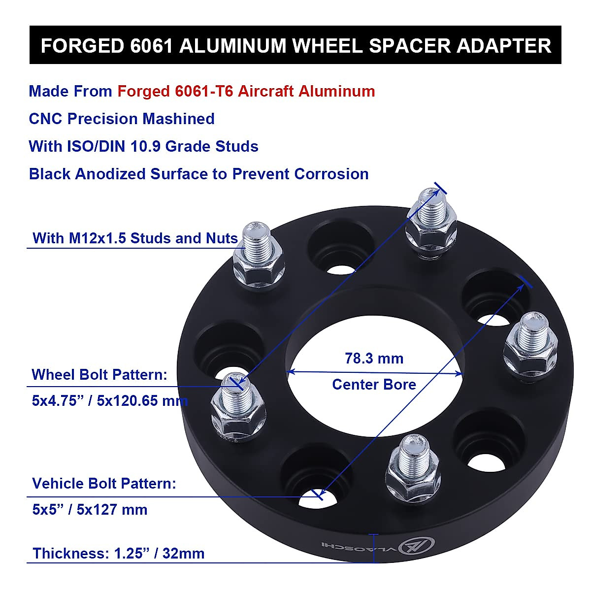 VLAOSCHI Black Forged 5x5 to 5x4.75 Wheel Adapters 1.25 Inch with 12x1.5 Studs Compatible with Chevy D-odge 5 Lug 5x127 to 5x120.65 for Caprice Impala Grand Caravan Journey Town Country - Pack of 4