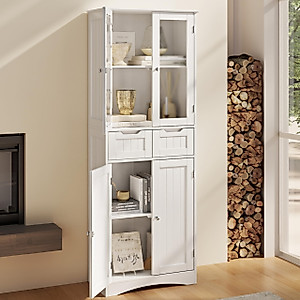 Gizoon Tall Kitchen Storage Cabinet with 2 Drawers, Freestanding Pantry Cabinet with Glass Doors, Large Modern Cupboard for Home Kitchen, Bathroom, Living Room, Office, White