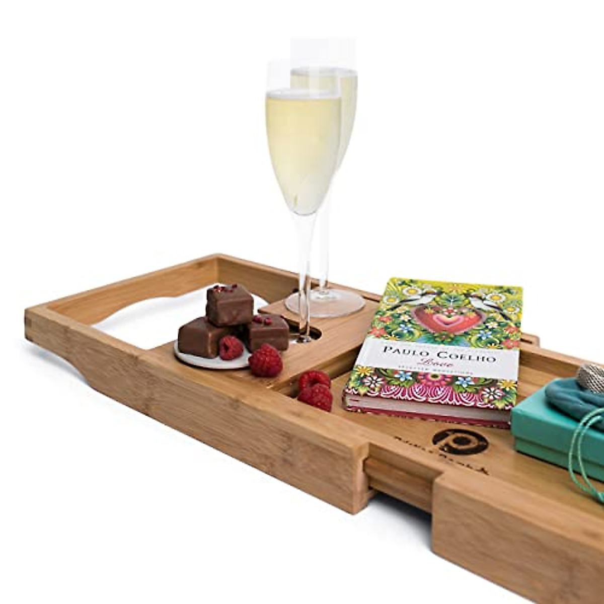 Bamboo Bathtub Caddy Tray for Tub- Expandable Bath Tray - Adjustable Organizer Tray for Bathroom for Luxury Spa - Book Holder, Tablet Smartphone and Wine Holder (Natural) by Pristine Bamboo