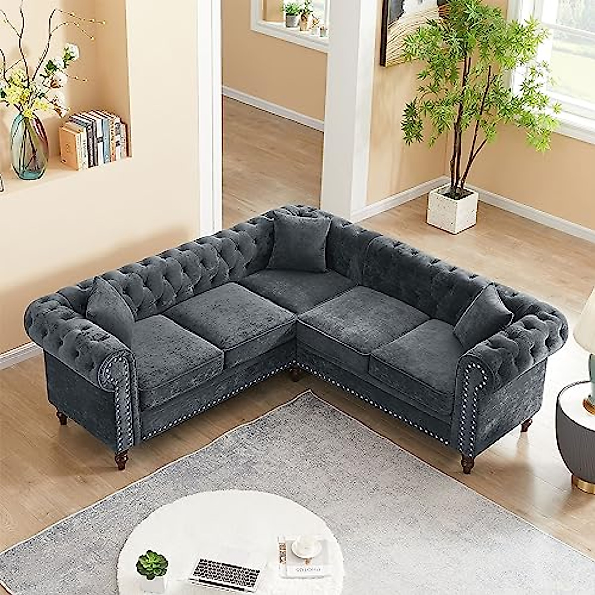 LSKTGA Velvet Convertible Sectional Sofa, Classic Chesterfield L-Shaped Sofa, with Deep Button Tufted Upholstered Roll Arm, 3 Pillows Included, Solid Wood Gourd Legs, Grey