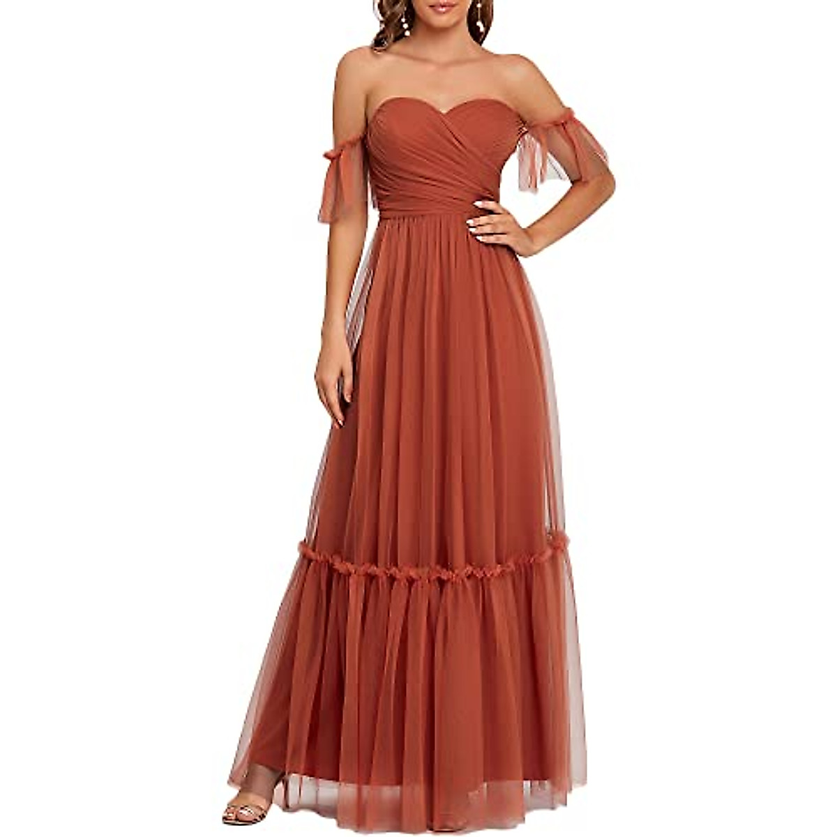 Ever-Pretty Women's Formal Dress Sweetheart Off-Shoulder Ruched Tulle Maxi Bridesmaid Dresses Burnt Orange US4